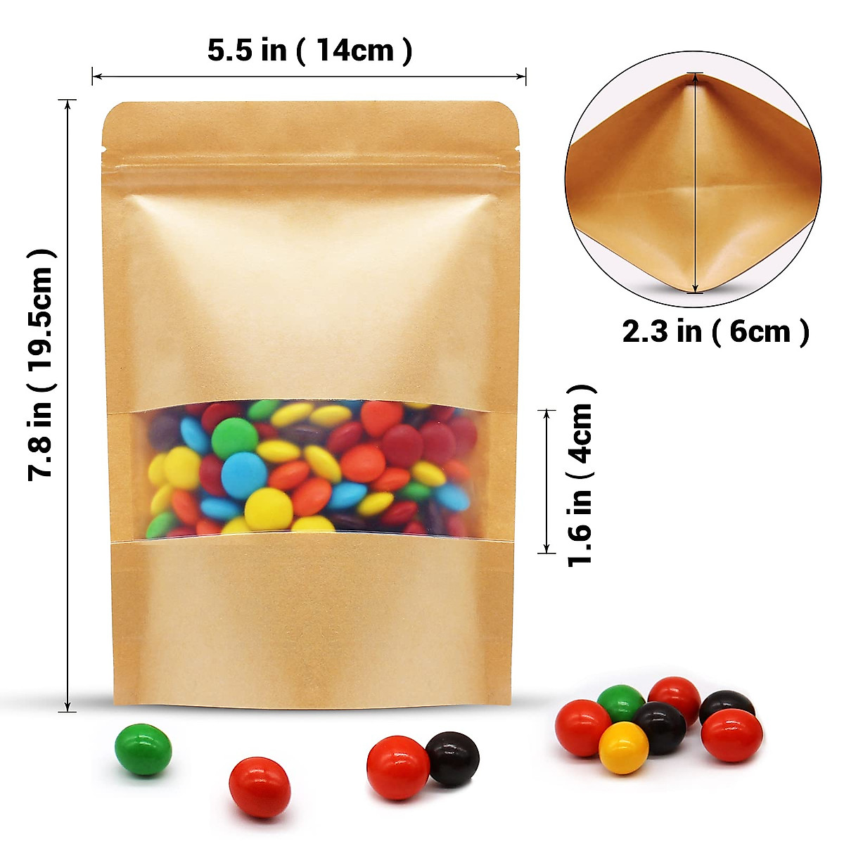 Kraft Bags With Window, 100 pcs 5.5" x 7.8", Stand Up Pouches, Sealable Bags for Packaging, Zip Lock Bags With Stickers and Spoon, For Cookie Bags/Candy Bags/Coffee Bags/Food Storage Bags (Brown)