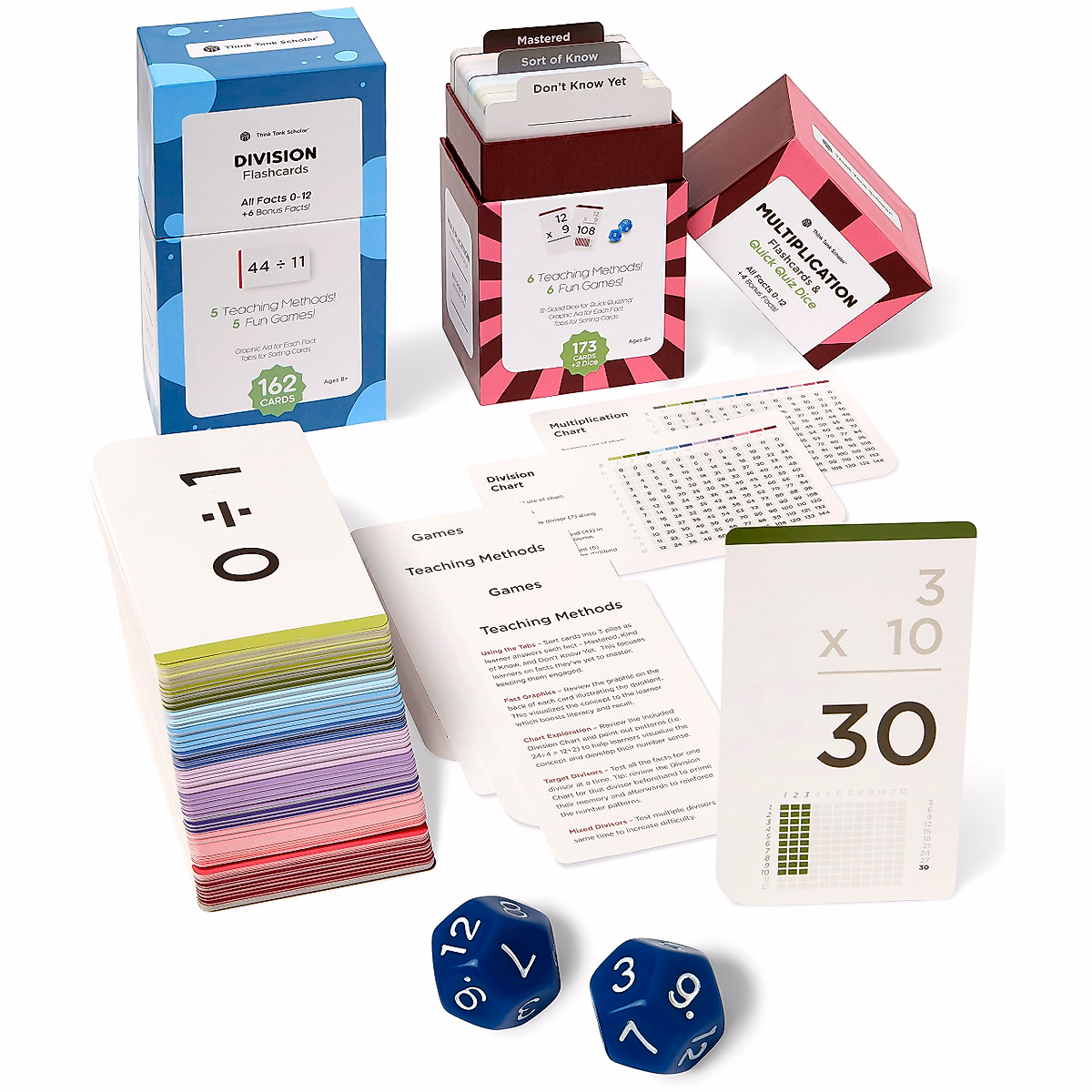Think Tank Scholar 335 Multiplication & Division Flash Cards - 2 Math Dice (Award Winning) All Facts 0-12 Answer on Back, for Kids in 2ND, 3RD, 4TH, 5TH, 6TH Grade Class or Homeschool - Games & Charts