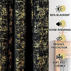 Tititex Luxury Golden Black Velvet Blackout Curtains 96 inch Length 2 Panels Sets for Bedroom Window Drapes Thermal Curtains with Grommets, Gold Foil Print for Living Room