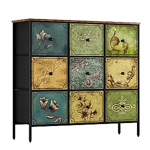 DOVAMY Drawer Dresser with 9 Fabric Drawers, Dresser Storage Organizer for Bedroom,Closet,Nursery,Living Room,Wide Storage Tower Unit with Steel Frame,Chest of Drawer, Wooden Top, Rustic Pattern