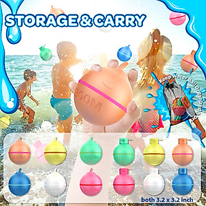 12pcs Reusable Water Balloons for Kids - Silicone Balloon with Magnetic Self Sealing Magnetic Quick and Easy Refill Outdoor Water Bombs - Bulk Pack with Mesh Bag (Bomb & Grenade)