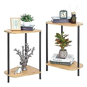 Small Side Table Set of 2, 2 Tier Bamboo End Table Corner Table Wedge Snack Table with Rounded Corner for Small Space, Living Room, Natural Bamboo