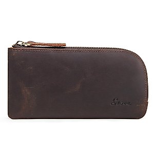 S-ZONE Top Grain Leather Pencil Pouch Small Zipper Bag for Pens Makeups Change Coins