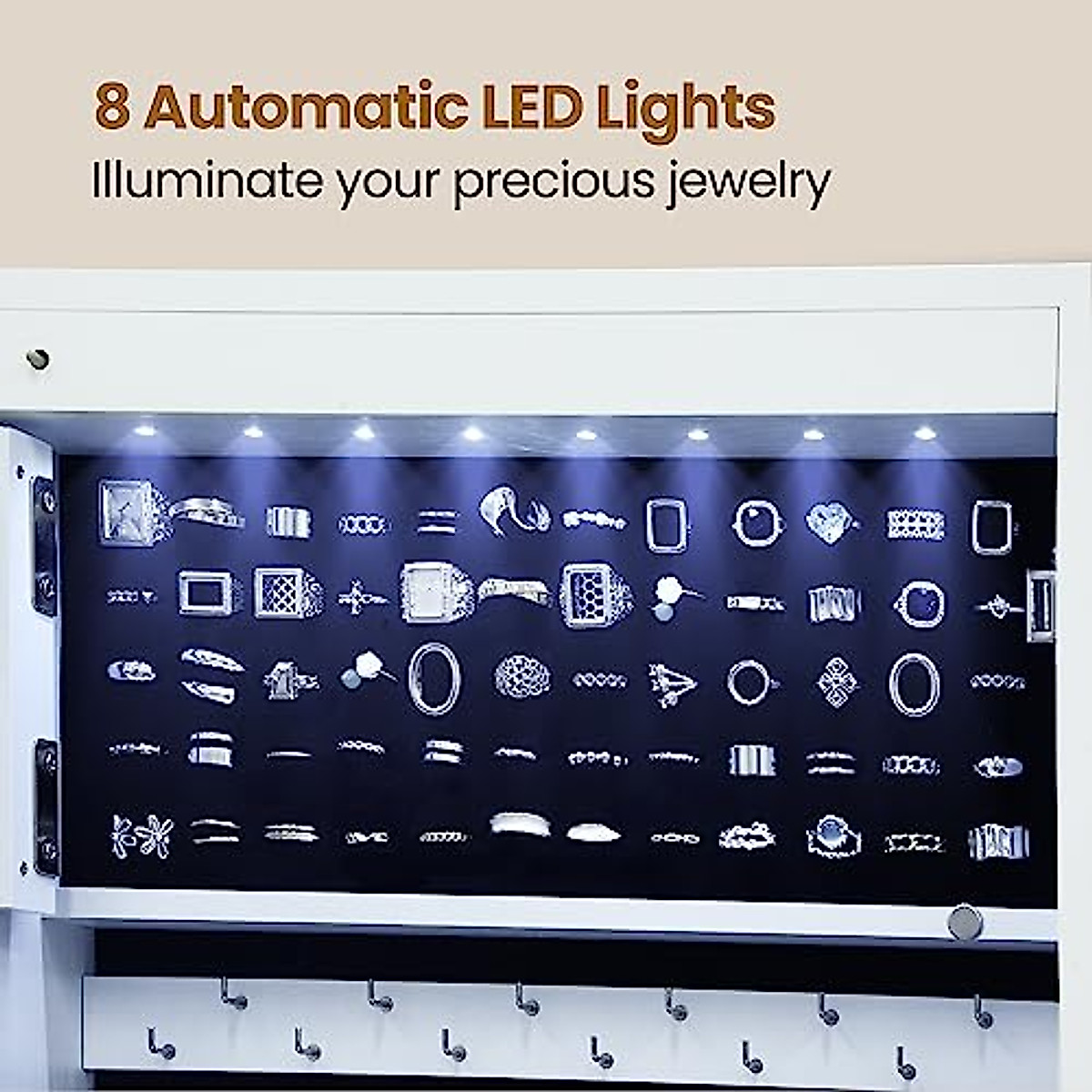 Hzuaneri 8 LEDs Mirror Jewelry Cabinet, 35.4-inch Jewelry Armoire Organizer, Wall/Door Mount Lockable Storage Cabinet with 4 Earrings Shelves, 2 Makeup Pockets, White and Black JC9003B