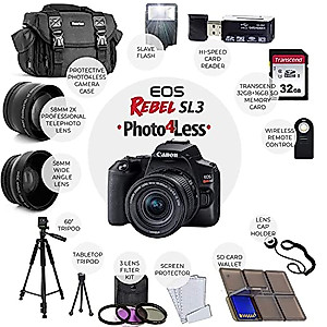 Canon EOS Rebel SL3 Digital SLR Camera (Black) + EF-S 18-55mm f/4-5.6 IS STM Lens + 58mm 2X Professional Telephoto & 58mm Wide Angle Lens + 64GB Memory Card + DC59 Case + Tripod + Slave Flash + Remote