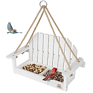 Solution4Patio White Swing Wild Bird Feeder for Outside, Metal Mesh Bottom, Cute Bench Bird Feeder or Squirrel Feeder for Yard, Porch Decoration, Large Capacity, Easy to Fill & Clean, #8455