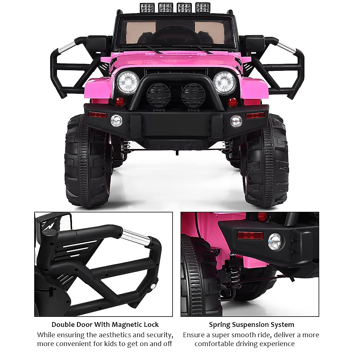 Costzon Ride On Car, 12V Battery Powered Electric Ride On Truck w/Parental Remote Control, LED Lights, Double Open Doors, Safety Belt, Music, MP3, Spring Suspension (Pink)
