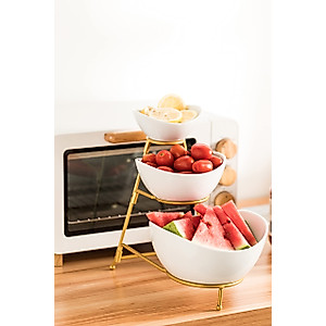 LAUCHUH 3 Tier Serving Stand, Pocerlain Oval Bowl Set with Stand Ceramic Fruit Bowl with Rack for Dessert, Appetizer, Candy Chip Dip, Vegetable, Gold