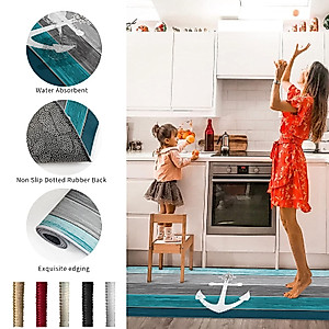 Kitchen Runner Rug, Farm Nautical Anchor Compass Rustic Old Wooden Plank Teal Green Gray Non Slip Runner Carpet Door Mats Floor Mat for Laundry Bedside Bathroom Bedroom 15.7"X47.2"