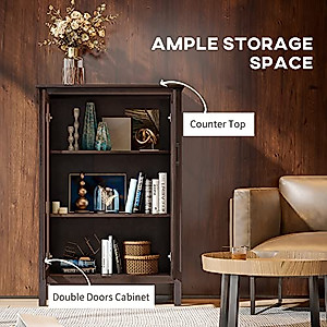 HOMCOM Rustic Kitchen Storage Cabinet, Accent Sideboard with Glass Doors Adjustable Shelves for Dining Living Room, Brown Wood Grain