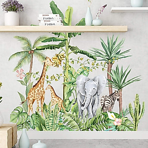 Tropical Rainforest Animals Plants Wall Stickers, AUHOKY Removable Cartoon Elephant Giraffe Nordic Plant Wallpaper Decor, Peel and Stick Art Murals for Kids Bedroom Background Nursery Home Decorations