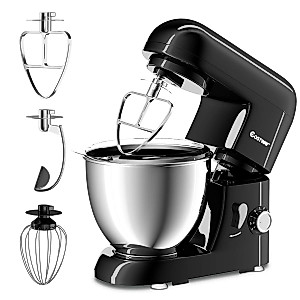 COSTWAY Stand Mixer 4.3 Quart 6-Speed 120V/550W 3 Attachments Offer Tilt-head Electric Food Mixer w/Stainless Steel Bowl (Painted-Black)