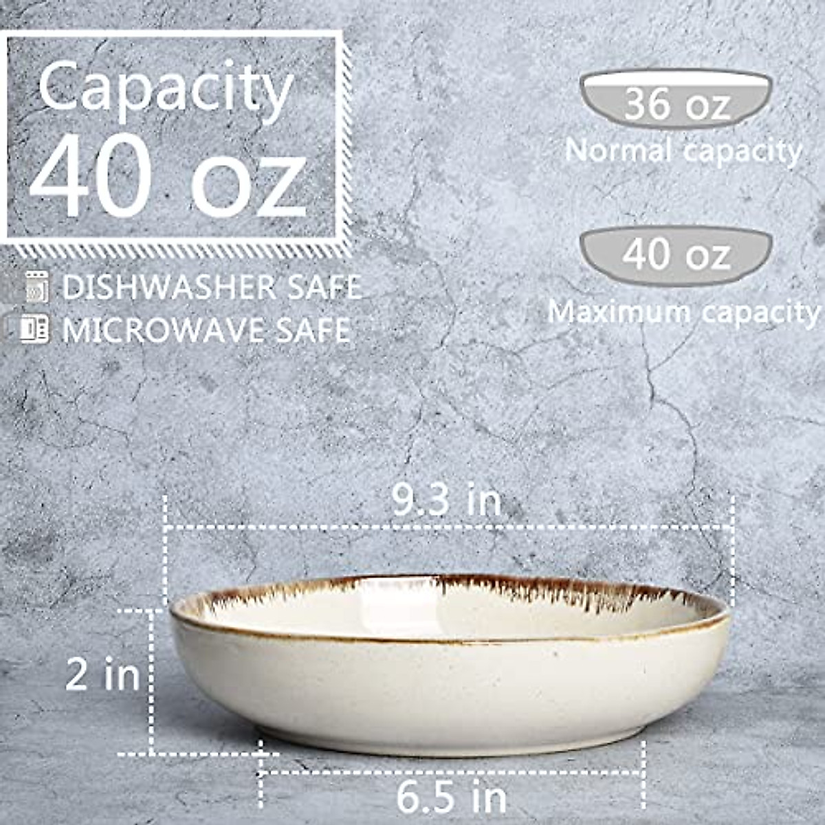 Bosmarlin Stoneware Large Pasta Bowls, 40 Oz, Set of 4, Big Salad Bowls, Microwave and Dishwasher Safe (Barely beige, 9.3 in)