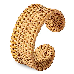 HSWE Rattan Bracelet for Women Handmade Lightweight Straw Wicker Braid Cuff Bangle Bracelet Statement Adjustable Bohemian Rattan Woven Chunky Bracelets for Summer Wrist Jewelry