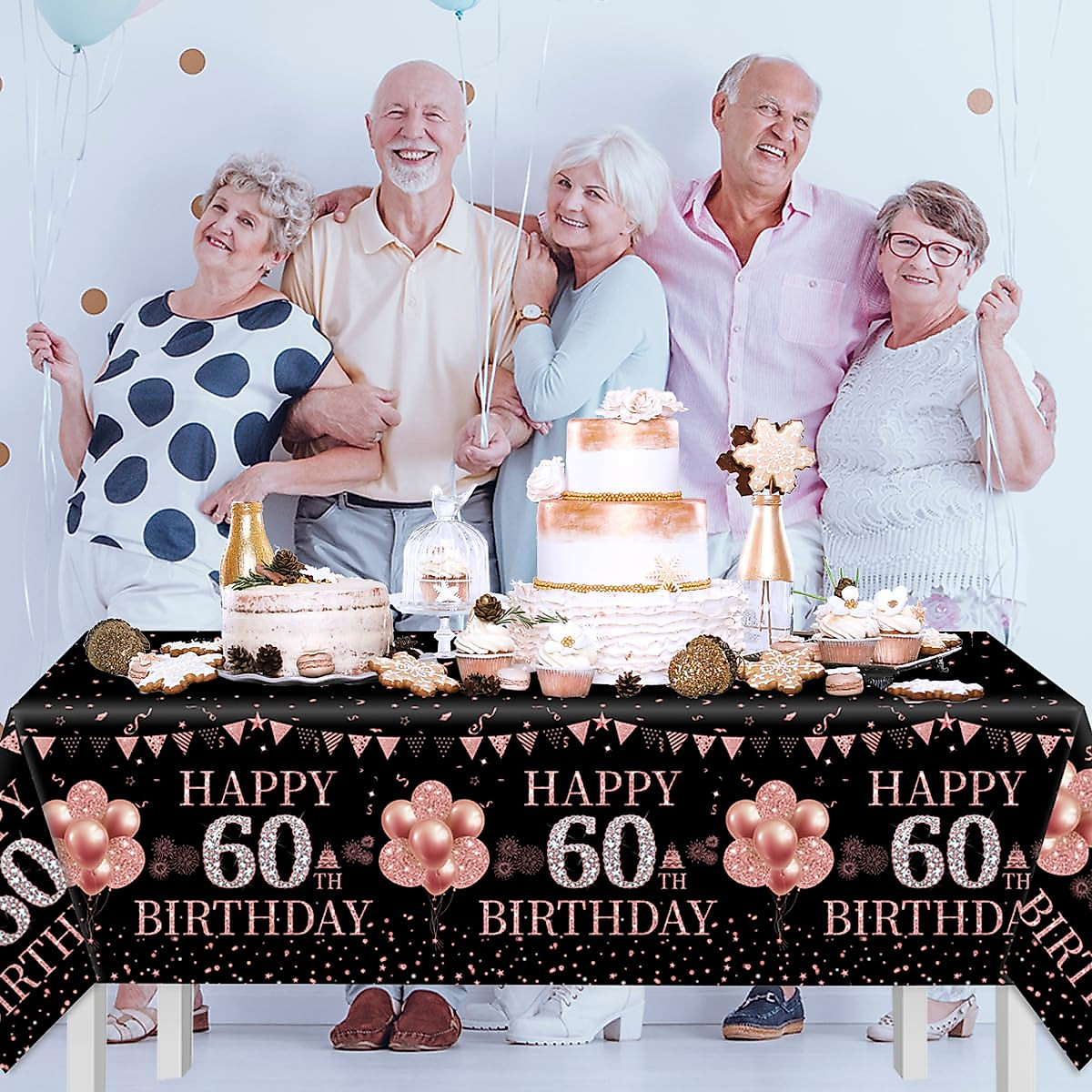 3Pcs Rose Gold 60th Birthday Tablecloths-Happy 60 Birthday Party Supplies for Women Rose Gold Disposable Rectangular Plastic Table Covers