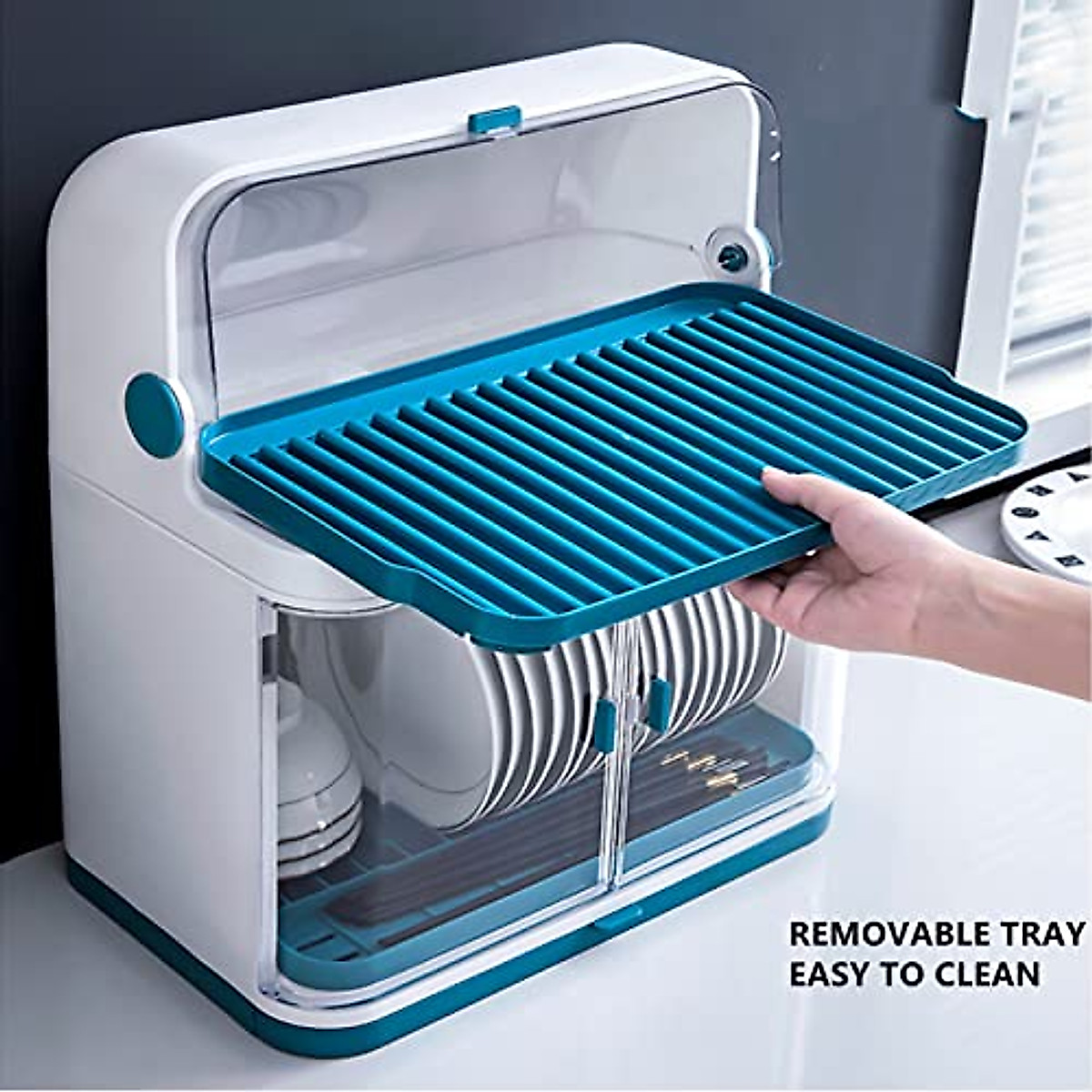 Gdrasuya10 2 Tier Dish Drying Rack Modern Houseware Dish Organizer Cutlery Drainer with Lid Cover Detachable Drip Tray Storage Box Basket for Kitchen Organizing Storage Holder