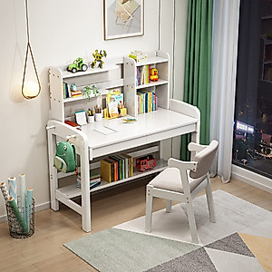 BALANBO Kids Table Kids Desk and Chair Set with Drawer and Bookshelf Wooden Children’s Media Desk Student's Study Computer Workstation and Writing Table (Brown)