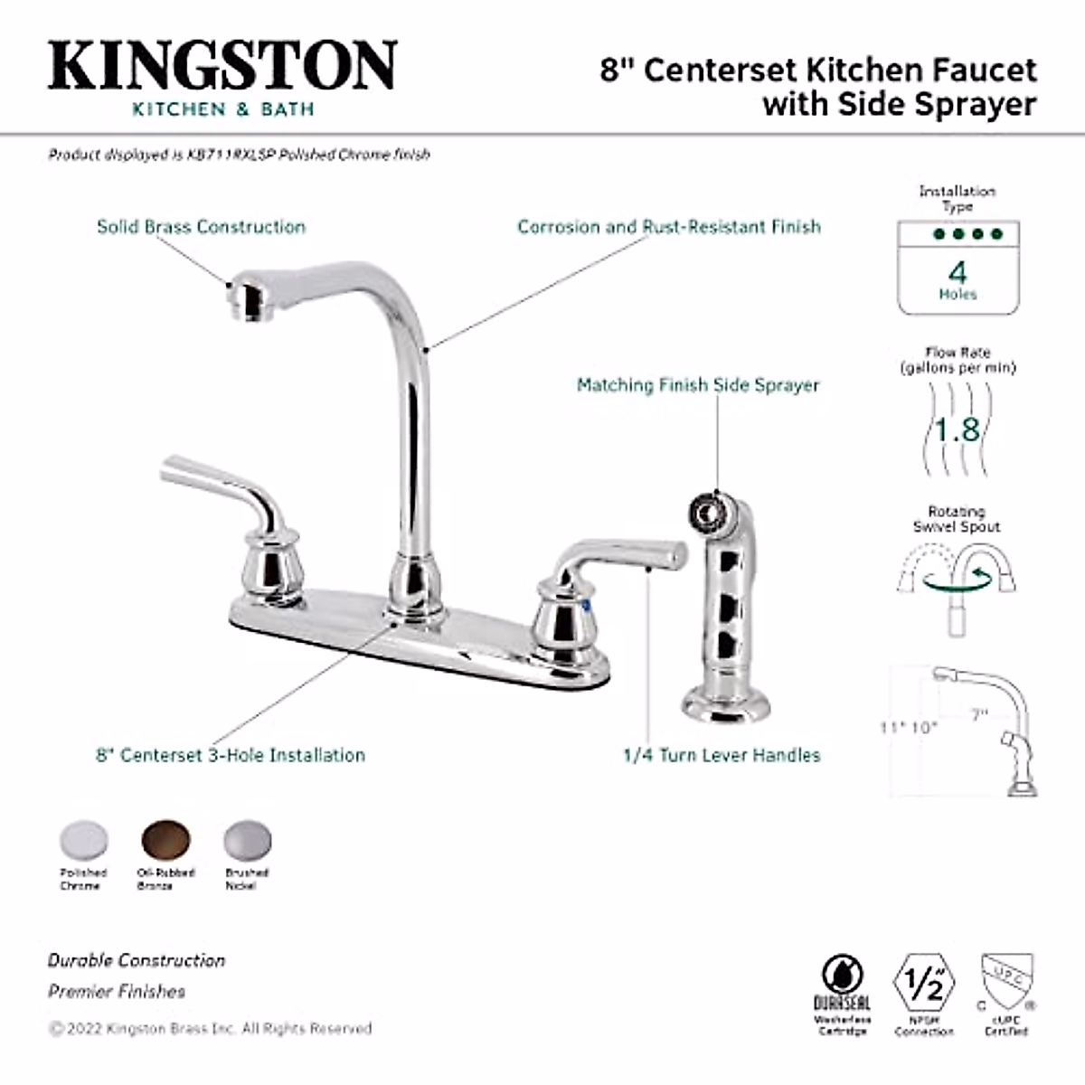 Kingston Brass KB711RXLSP Restoration 8-Inch Centerset Kitchen Faucet with Side Sprayer, Polished Chrome