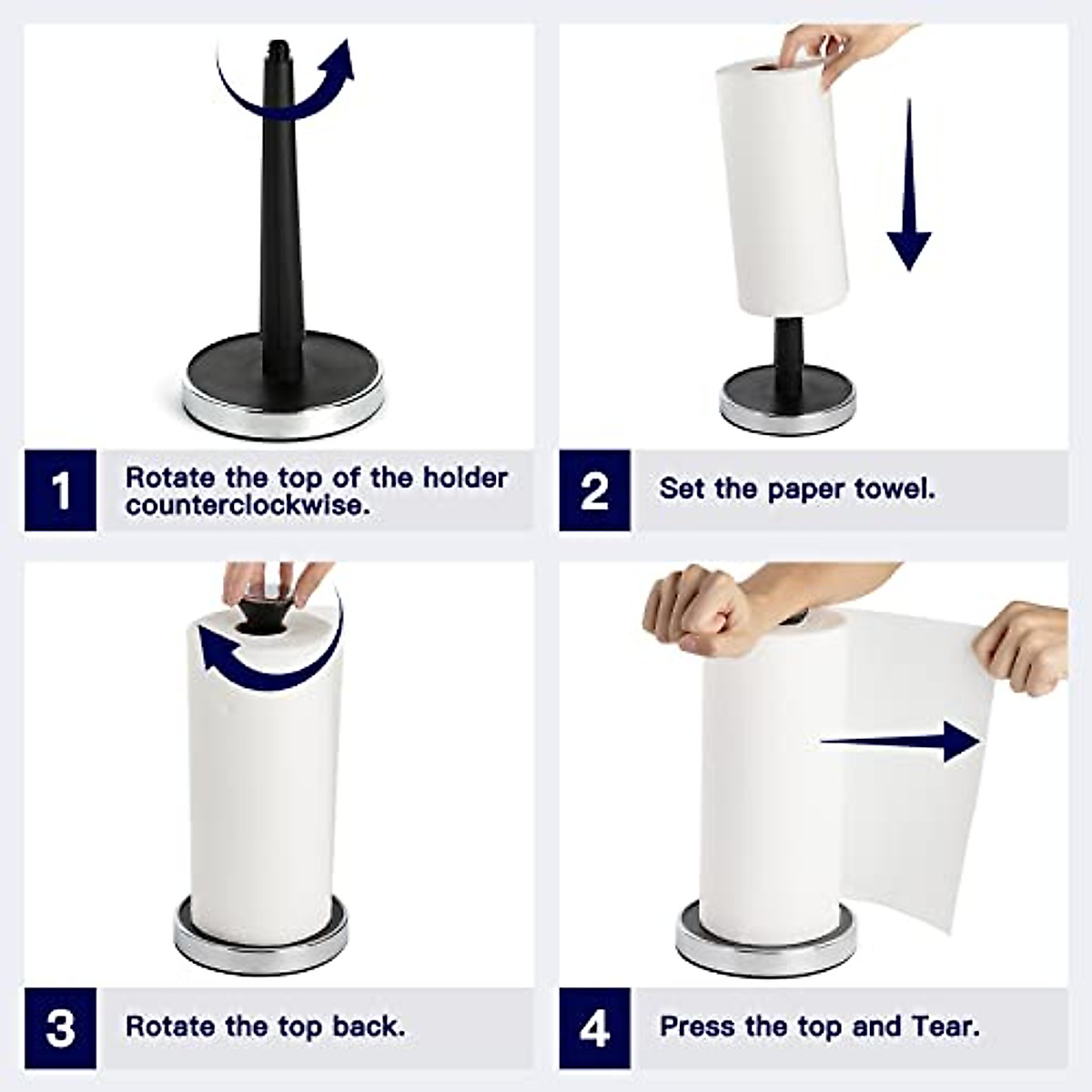 Kitsure Paper Towel Holder for Countertop - Black Paper Towel Holder with Anti-Slide Pad & Weighted Base, Assembly-Free Paper Towel Stand for Kitchen