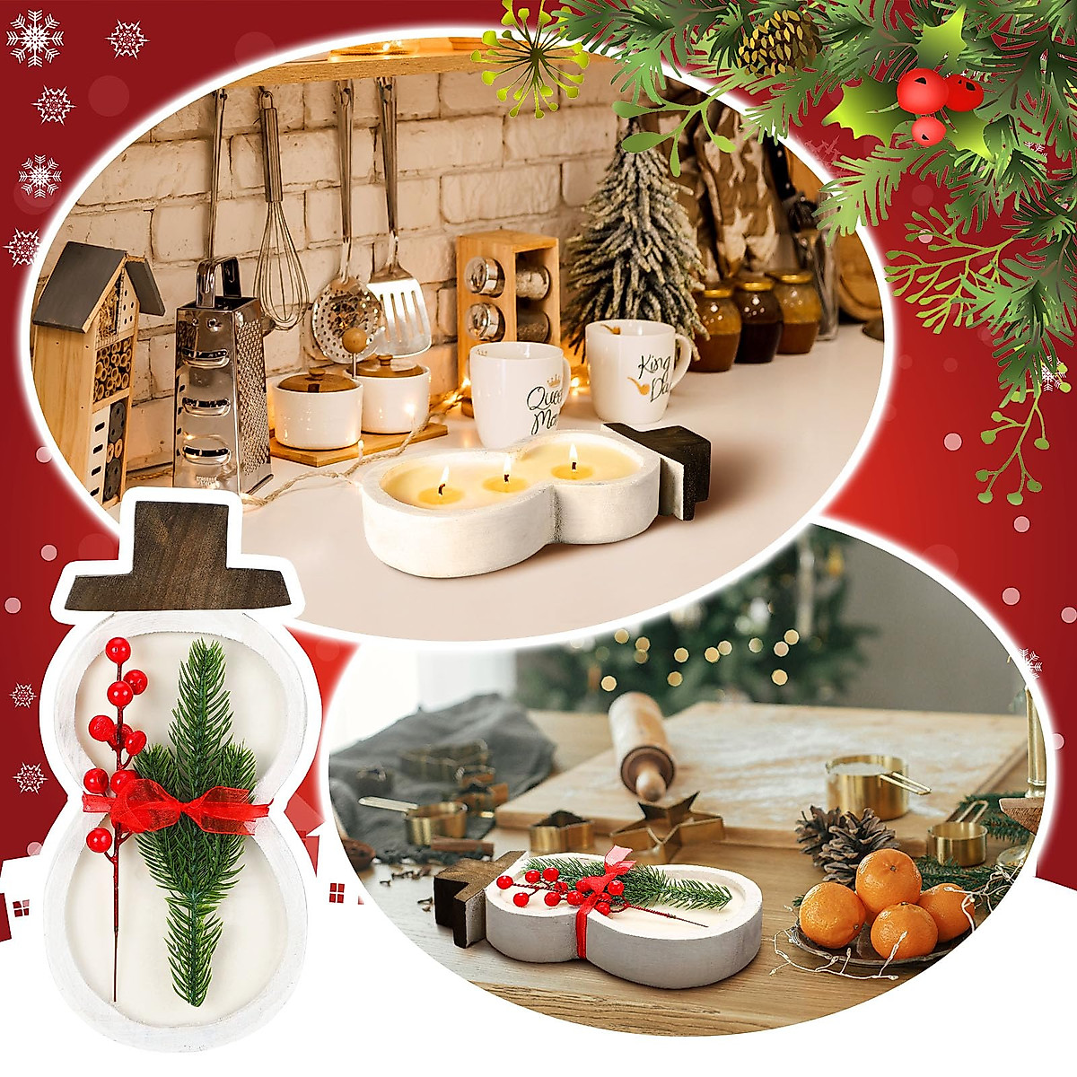 Conelist Wooden Dough Bowl Candles Christmas Candle Gifts Wooden Bowl Candle Farmhouse Bowl Candles for Wedding Birthday Christmas Gift Table Centerpiece Decor (Snowman, White)