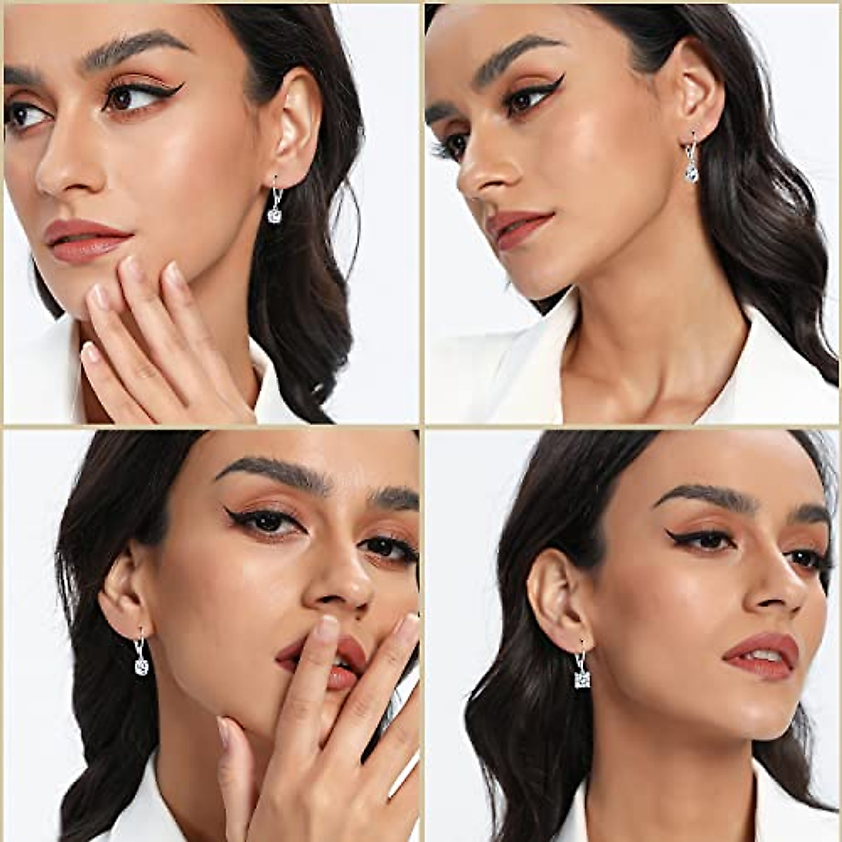 MDFUN 18K White Gold Plated Round Princess Cut Clear Cubic Zirconia Tear Drop Dangle Earrings for Women Hypoallergenic 4 Pairs