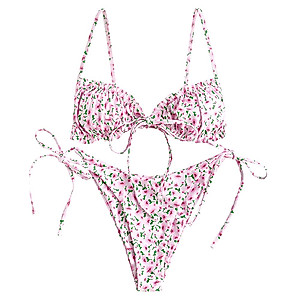 ZAFUL Ditsy Floral Frilled Tie Knot Front Strappy Bikini Sets Swimwear Pink