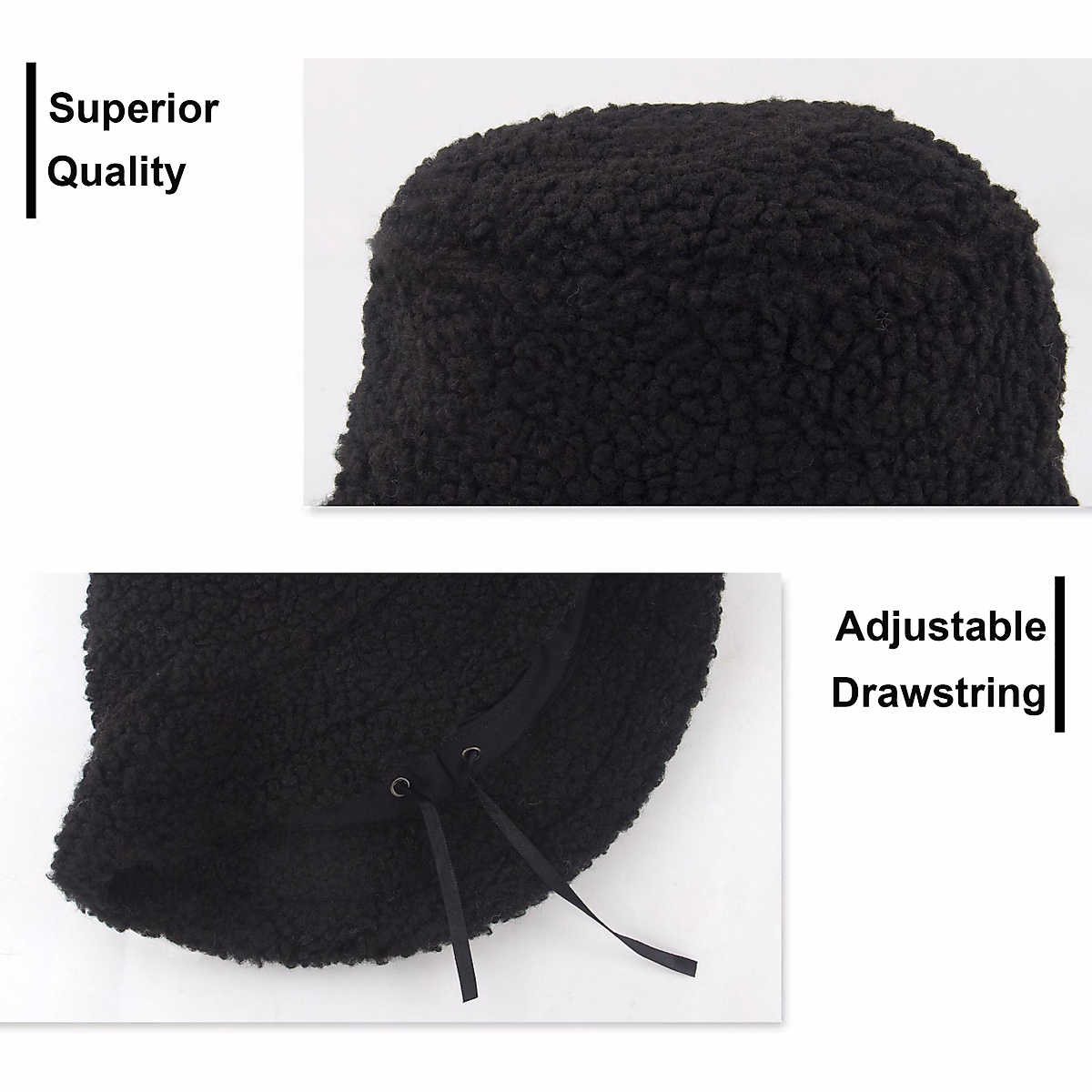 Womens Winter Bucket Hat Vintage Cloche Hats Warm Faux Fur Wool Outdoor Packable Fisherman Cap Black