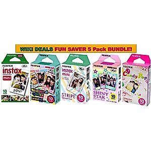 Fujifilm Instax Mini Instant Film Bundle, Candy Pop, Stained Glass, Stripe, Shiny Star, Single Pack, 50 Sheets