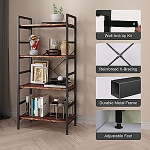 MIOCASA 4 Tier Bookshelf, Adjustable Industrial Bookshelves Organizer, Rustic Wood and Metal Standing Shelving Unit Storage, Tall Display for Living Room, Bedroom and Office (4 Tier Bookshelf)
