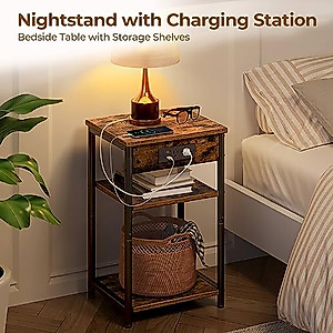 Rolanstar End Table with Charging Station, 3 Tier Slim Nightstand with Storage Shelf, Narrow Side Table with USB Ports & Power Outlets, Steel Frame for Living Room, Bedroom, Rustic Brown