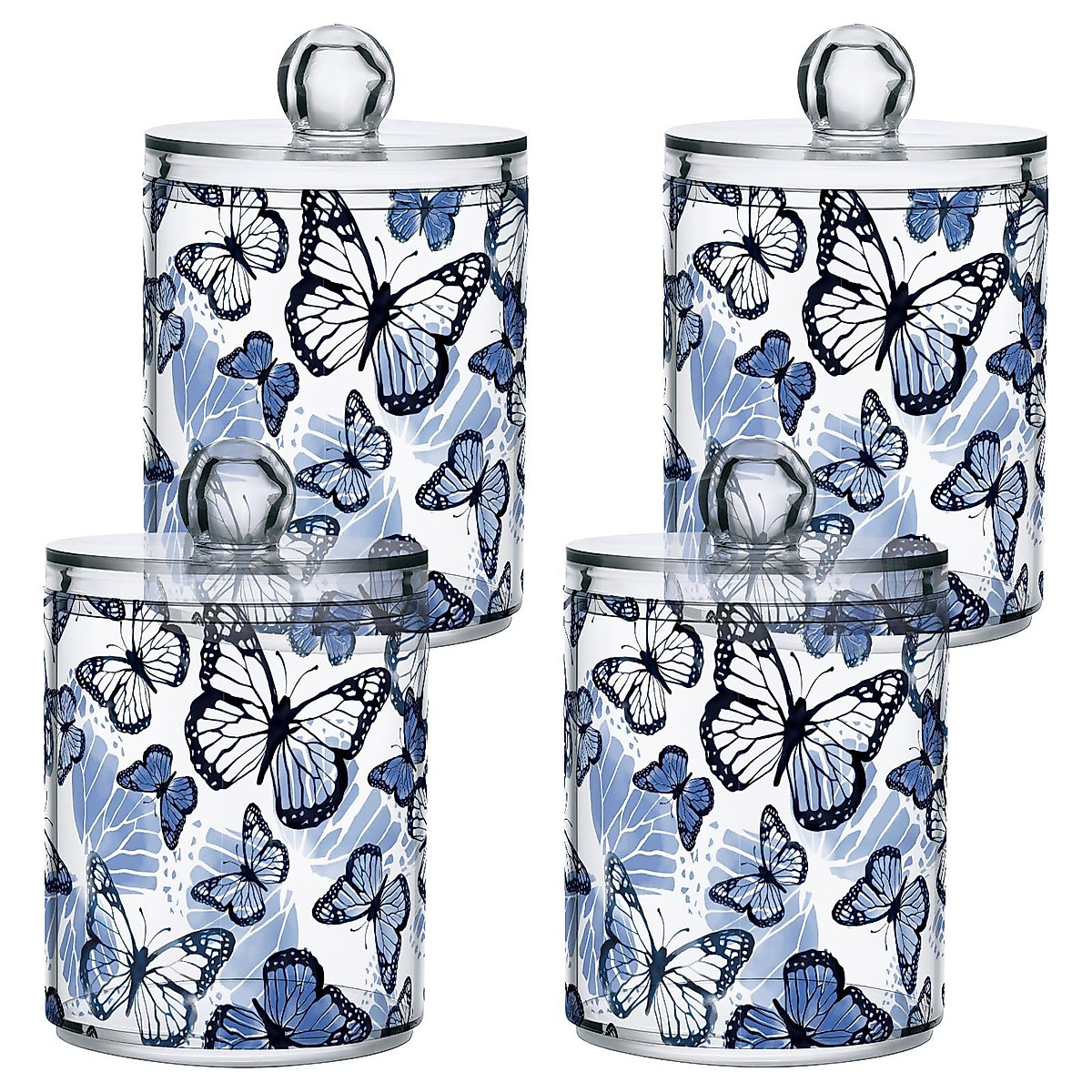 SDMKA 2 Pack Apothecary Jars Bathroom Blue Butterfly Qtip Holder Dispenser Clear Plastic Storage Canister Jar with Lid for Cotton Ball, Cotton Swab