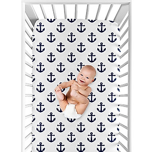 Sweet Jojo Designs Navy Blue White Anchors Boy Girl Fitted Crib Sheet Baby or Toddler Bed Nursery - Nautical Theme Ocean Sailboat Sea Marine Sailor Anchor Unisex Gender Neutral