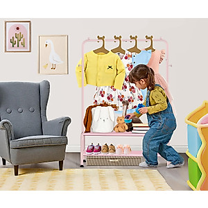 Kids Clothing Rack - Kids Dress Up Clothes Storage Racks - Dress Up Rack for Little Girls - Small Kids Costume Wardrobe Rack with 2 Fabric Floors Storage Shelf - Mini Short Kids Clothing Garment Rack