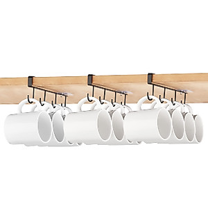 Dahey Under Cabinet Mug Holder Set of 3 Metal Coffee Mug Rack with 12 Mug Hooks, Adhesive Display Cup Holder Organizer for Cabinet Shelf Kitchen Dining Room Coffee Bar, Black