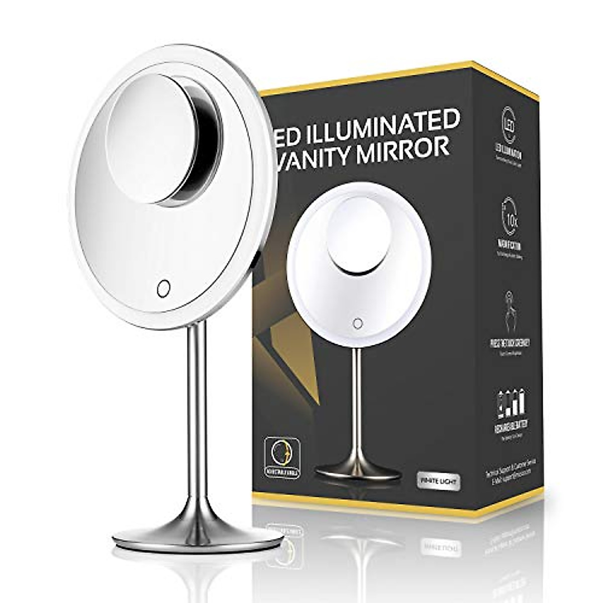 Miusco 9" Lighted Makeup Mirror Pro, 5X + 10X Magnification, Ultra Bright HD Lighting System, Rechargeable & Cordless, Adjustable Brightness, Touch Activated, Brush Stainless Steel