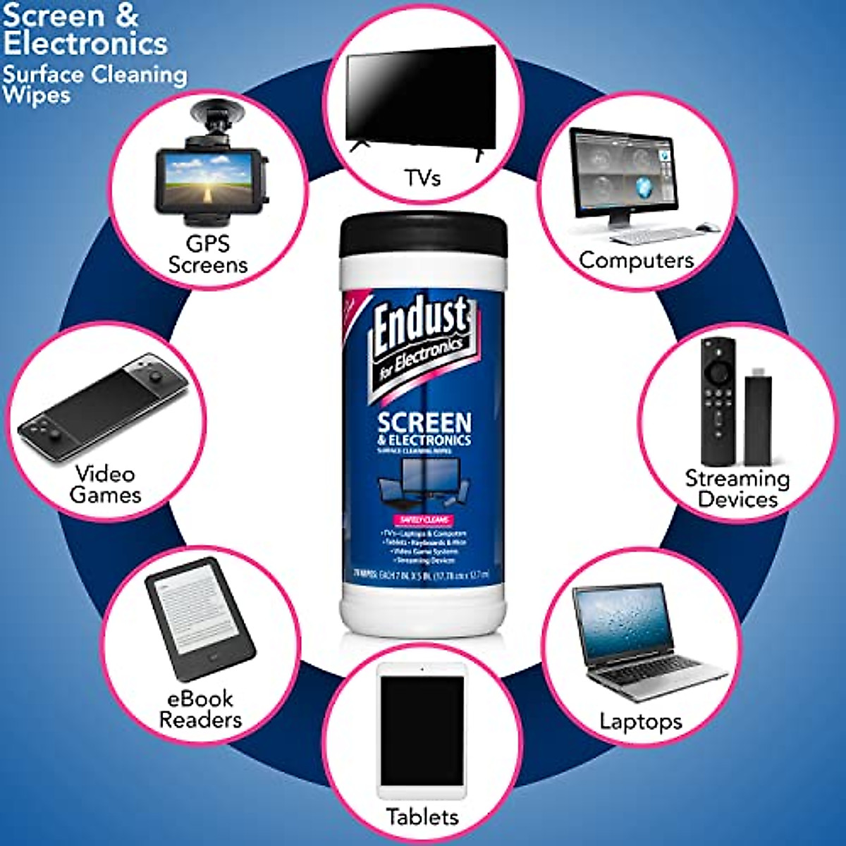 Endust for Electronics; Screen & Surface Cleaning Wipes, Great LCD and Plasma Wipes, 70 Wipes (11506)