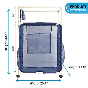 Essentially Yours Rolling Pool Noodle Storage Organizer Bin, Standard Noodle Holder, (25.4" W x 26" L x 40.5" H), Blue/White Style 510643