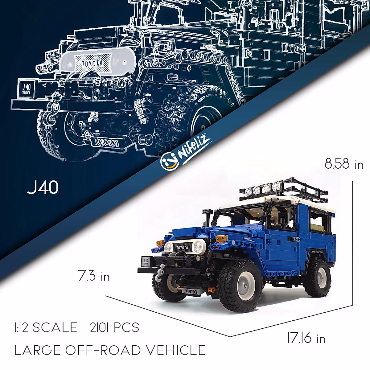 Nifeliz Off-Road Pickup J40 Land Cruiser MOC Technique Building Blocks and Engineering Toy, Adult Collectible Model Cars Kits to Build, 1:12 Scale Truck Model (2101 Pieces)