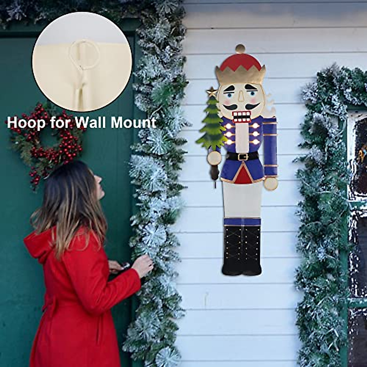 DR.DUDU Christmas Outdoor Decorations, 39 Inch LED Lights Nutcracker Yard Stake Holding Christmas Tree, Multi-Use Hanging Nutcracker Sculpture, Front Door Porch Garden Yard Lawn Wall Decor