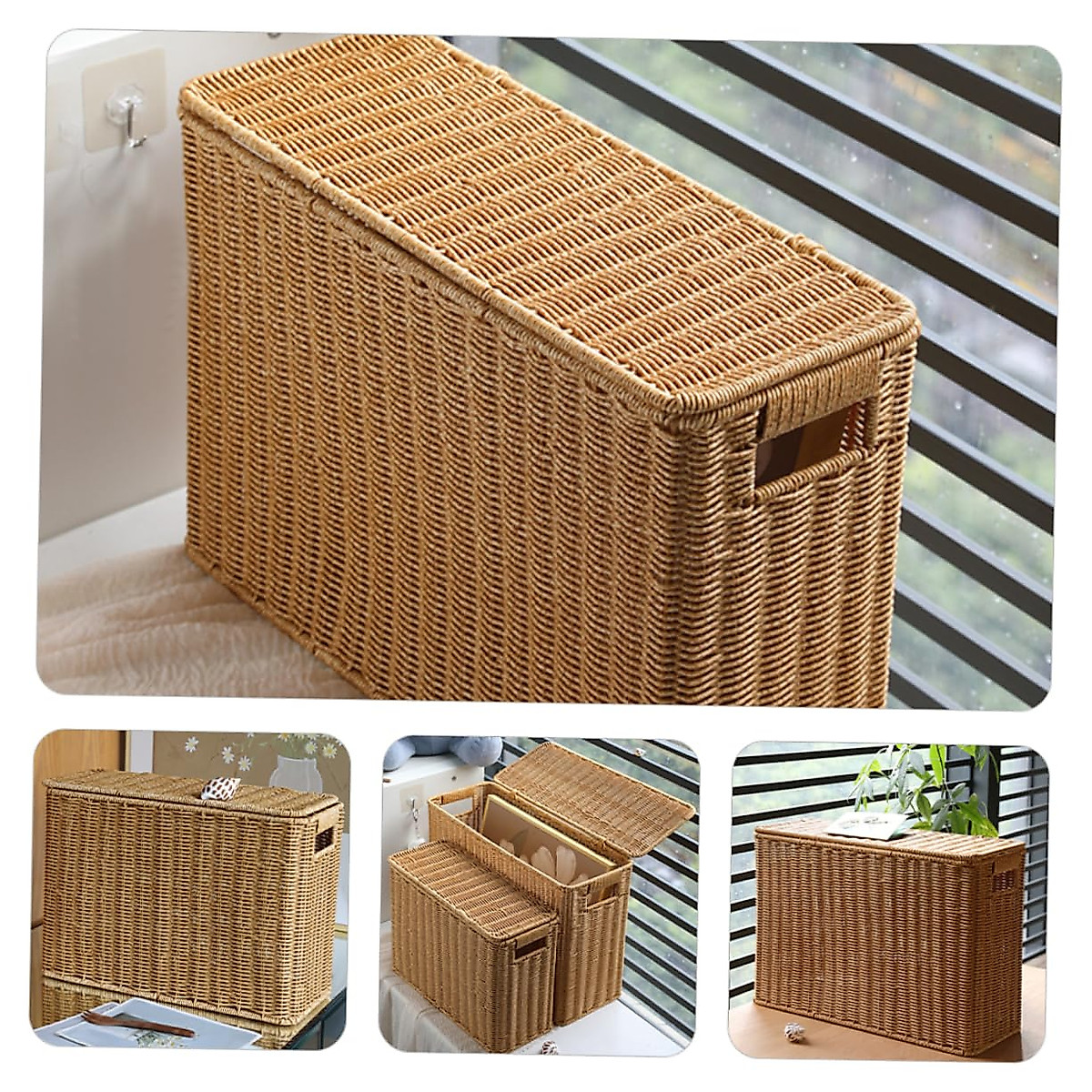BUTIFULSIC Rattan Magazine Basket with Lid Thin Wicker Storage Decorative Sundries Organizer Handle Book Newspaper Rack