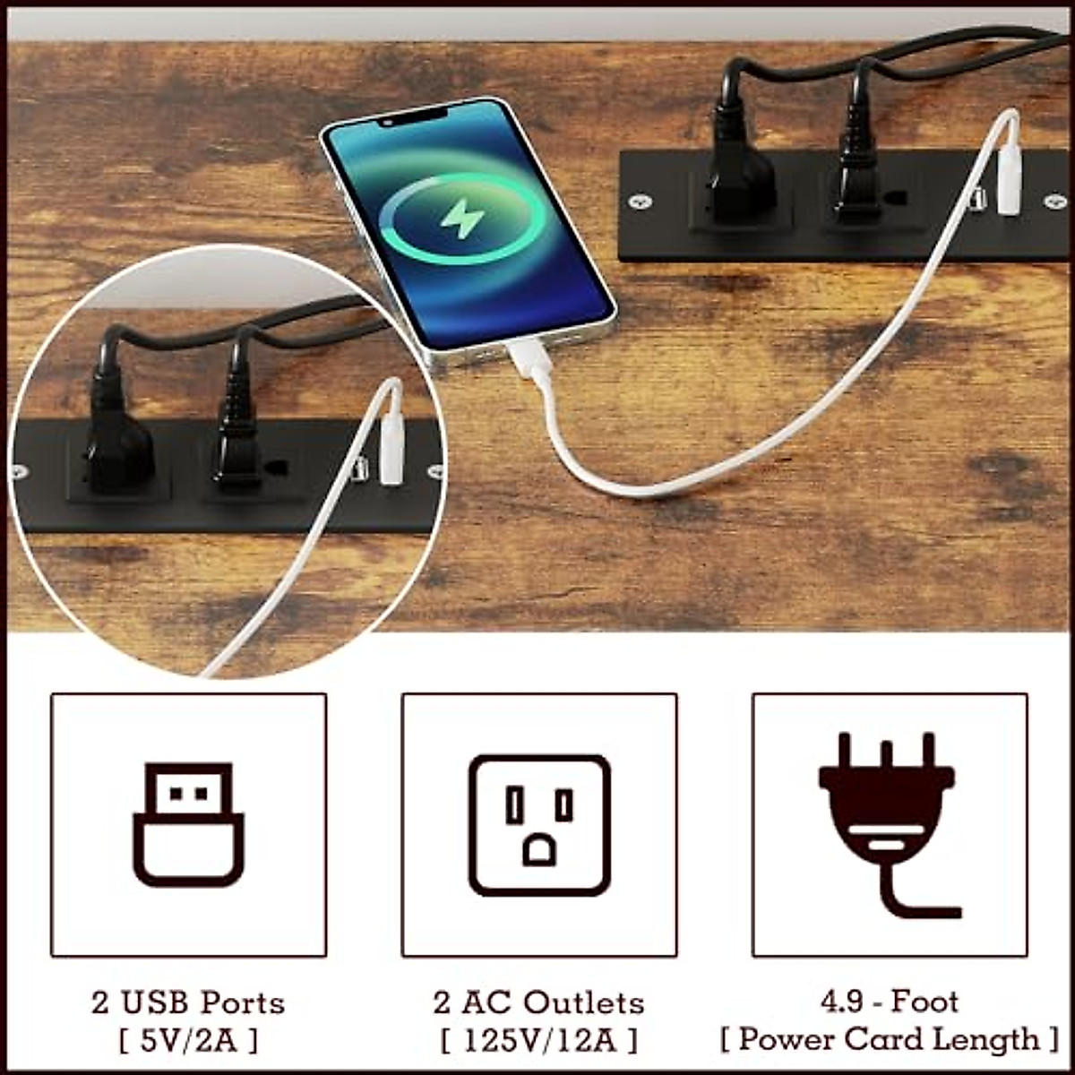 Ethlomoer Storage Organizer BookShelf with Outlets, 3 Tier Mid-Century Modern Bookcase with Legs, Freestanding Wood Open Bookcase, Retro Industrial Horizontal Bookcase for Bedroom, Living Room, Office