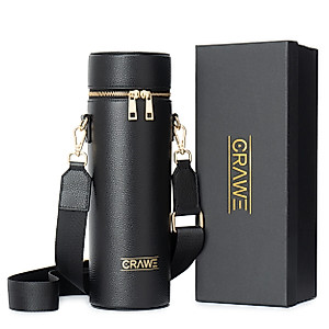 Crawe Full Grain Leather Insulated Water Bottle Crossbody Bag, 40 oz Water Bottle Holder with Strap for Walking, Bottle Carrier, Bottle Sling, Single Wine Bottle Tote, Brown Pebbled Leather, Gift Box