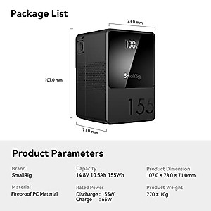 SmallRig V Mount Battery VB155, 10500mAh 155Wh 14.8V Support 65W PD USB-C Fast Charger, V-Mount Battery with D-TAP, USB-A, Dual DC Ports, OLED Screen for Camera, Camcorder, Video Light, Monitor - 3581