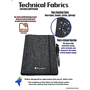 Gouda Bifold Portfolio Notebook Cover , Portfolio Organizer with Pen Loop , Large , Meduim and Small Pockets , Business Card Holder with RFID Blocking Feature , Ribbon Bookmark , Leather Water-resistante Fabric Case , for Smart Reusable Notebook Planner ,