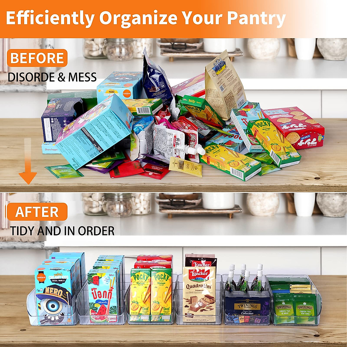 GESTONE 4 Pack Pantry Snack Organizer, Pantry Organization and Storage, Pantry Organizer Bins for Snacks, Pouches, Packets, Stackable Snack Organizers for Fridge, Kitchen, Cabinets, Table, Bedroom