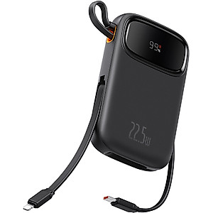 Baseus Portable Charger Power Bank,22.5W 10000mAh Fast Charging Portable Phone Charger with Built in USB-C and iOS Output Cable, LED Display Portable Battery Pack for iPhone iPad Android Samsung