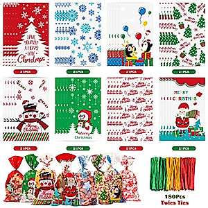 Moretoes 168pcs Christmas Candy Bags Treat Bags Cellophane Bags with 180pcs Twist Ties Snack Bags Penguin and Balloons Pattern 8 Assorted Styles for Christmas Party Supplies