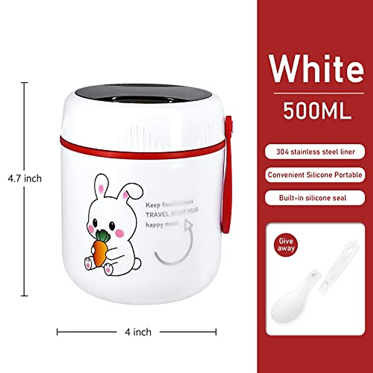 Yanglonghui Thermos with Foldable Spoon, Stainless Steel Thermal Food Container Soup Cup Leak Proof Insulated Lunch Box Hot Cold Food for Office Picnic Travel (White)