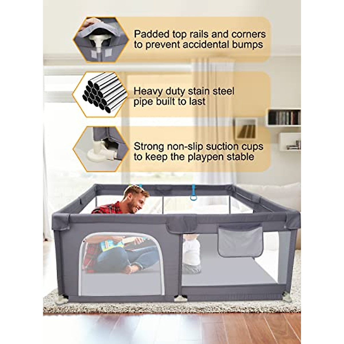 Baby Playpen, Play Pens for Babies and Toddlers, Extra Large Baby Play Yard, Baby Play Fence with Breathable Mesh and Double Gate, Indoors Kids Safety Play Activity Center, 71x59x27 Inches