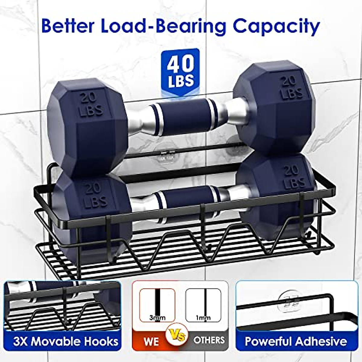 PEMOO 2 Pack Adhesive Shower Caddy, Shower Shelves, Shower Organizer No Drilling with Hooks, Rustproof Stainless Steel Bathroom Shower Organizer, Large Capacity, Shower Shelf for Inside Shower, Black